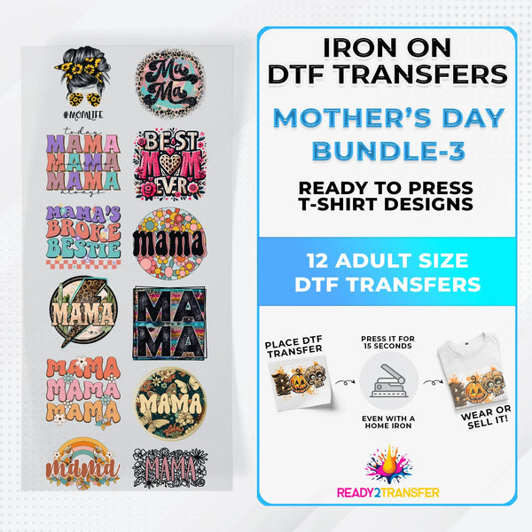 Mother's Day Bundle Iron on DTF Transfer Bundle 3 - 12 Best Seller Ready To Press T-shirt ...